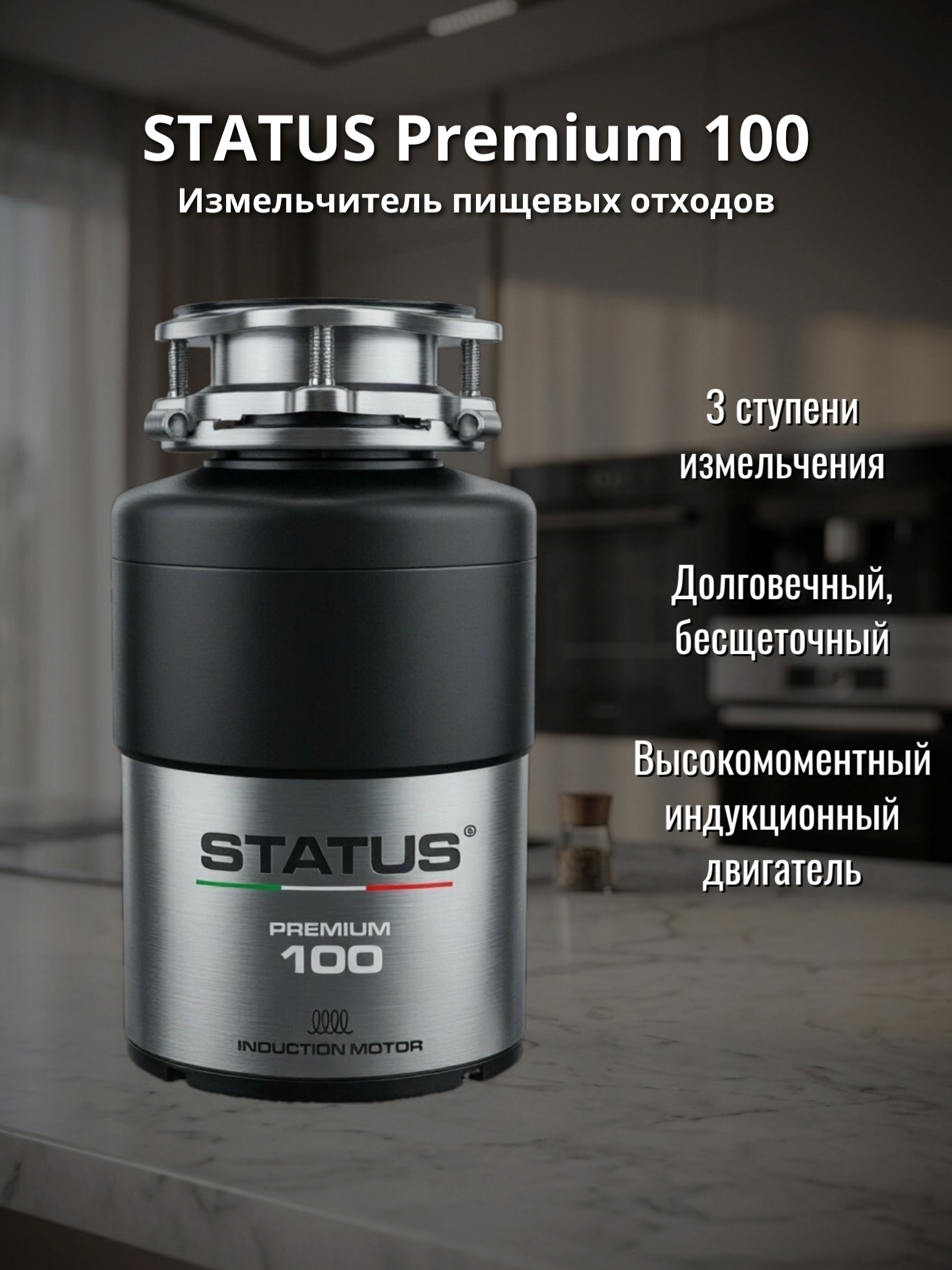 Измельчитель пищевых отходов Status Premium 100, индукционный, для моек, 390Вт