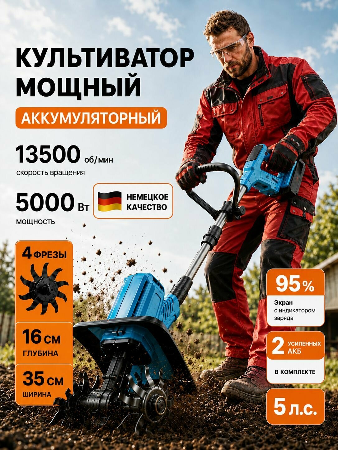 Культиватор аккумуляторный садовый, 2 акб, 4 ножа
