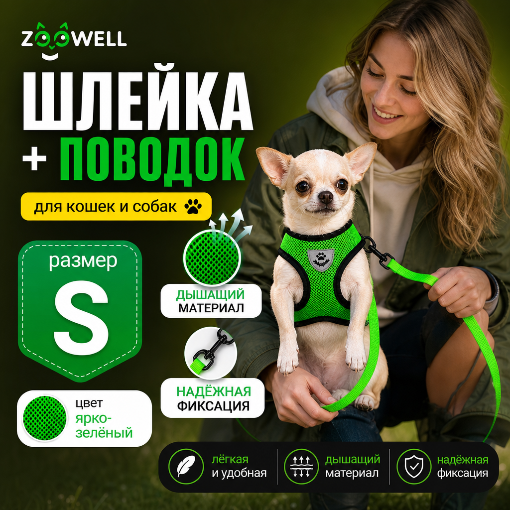 Регулируемая шлейка для питомцев, зеленый, размер S, регулируемый, прочный, безопасный, ZooWell