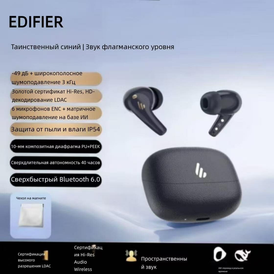 Внутриканальные Bluetooth-наушники Edifier FitBuds Turbo: активное шумоподавление, ИИ-перевод, малая задержка, Black