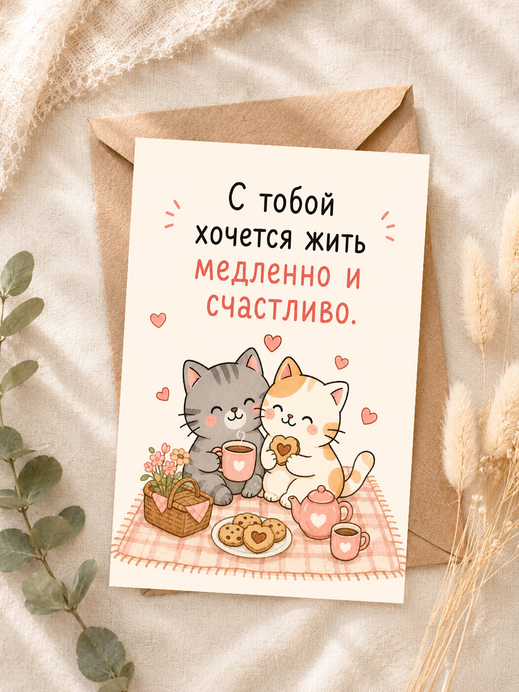 Открытка "С тобой хочется жить медленно и счастливо", с котиками на пикнике, конверт, 10х15