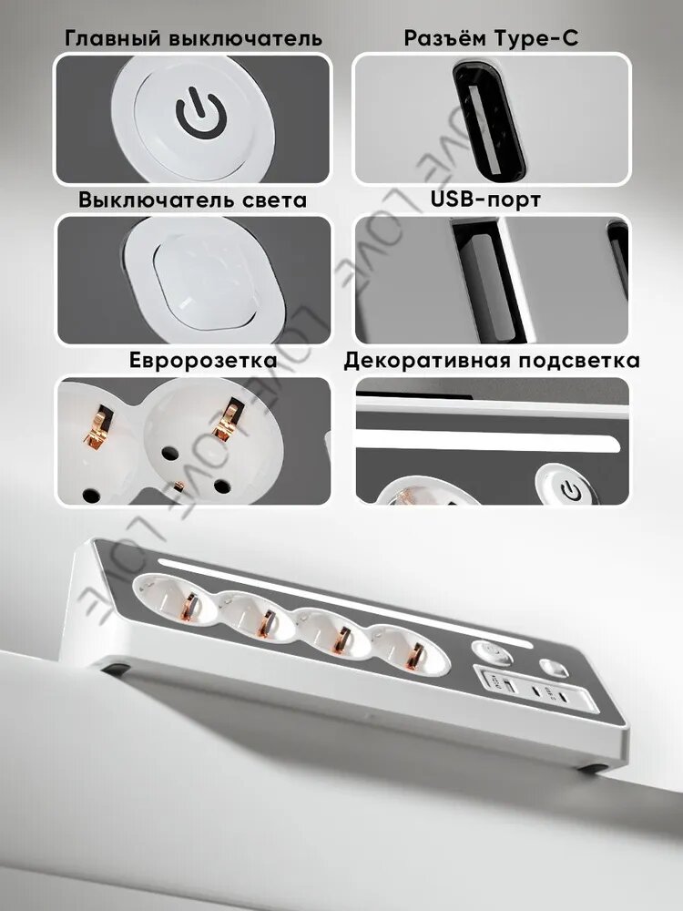 Удлинитель/сетевой фильтр 8-в-1 с 4 розетками, 2 USB-C, 1 USB-A, LED подсветкой, 1.5м — фото 1