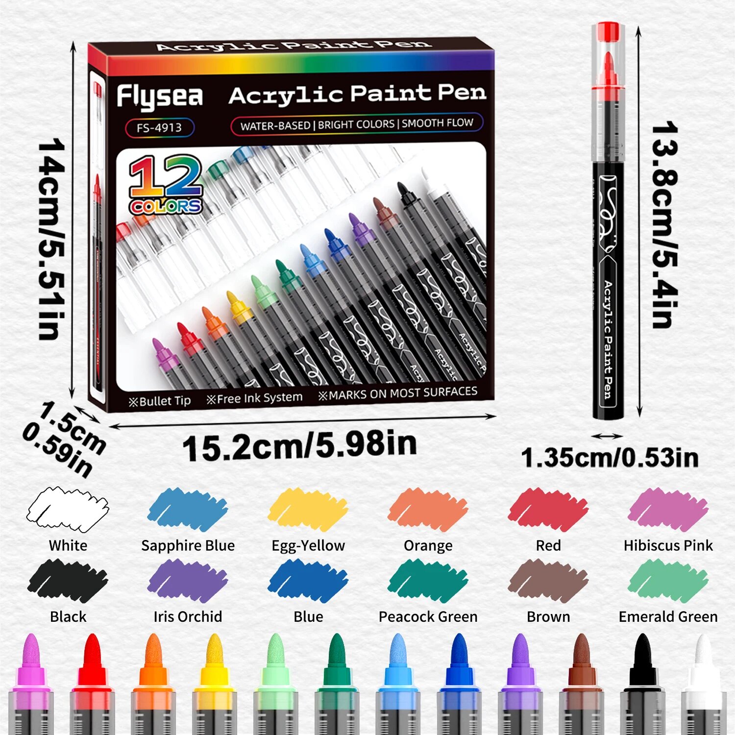 Жидкие акриловые маркеры Flysea Direct, круглый наконечник, 12/24/36 цветов 12 Colors