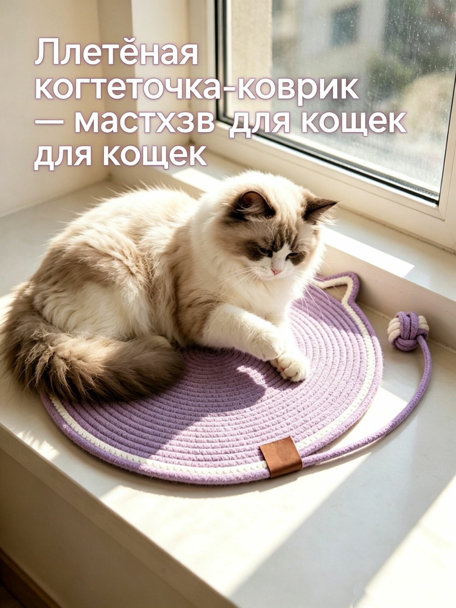 Плетёная когтеточка-коврик мастхэв для кошек, белое, Коврик для лежания кошки, коврик из ротанга