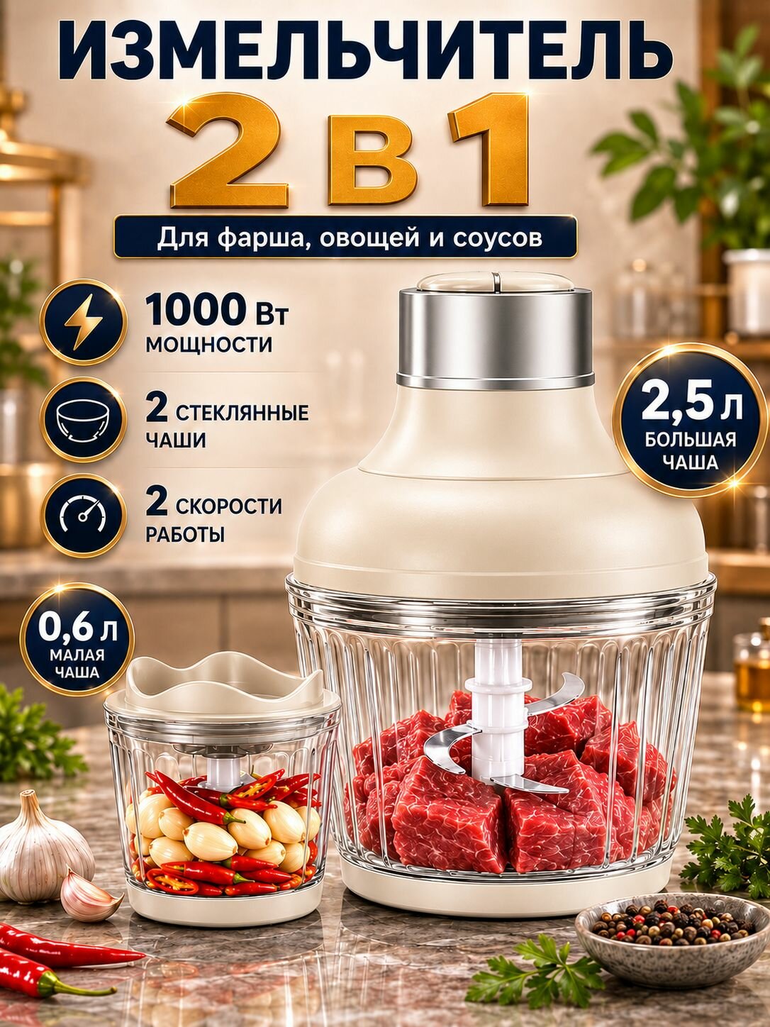 Измельчитель кухонный электрический мощный 2 в 1, 1000Вт, 2 стеклянные чаши - 0,6л и 2,5 л, с силиконовой лопаткой