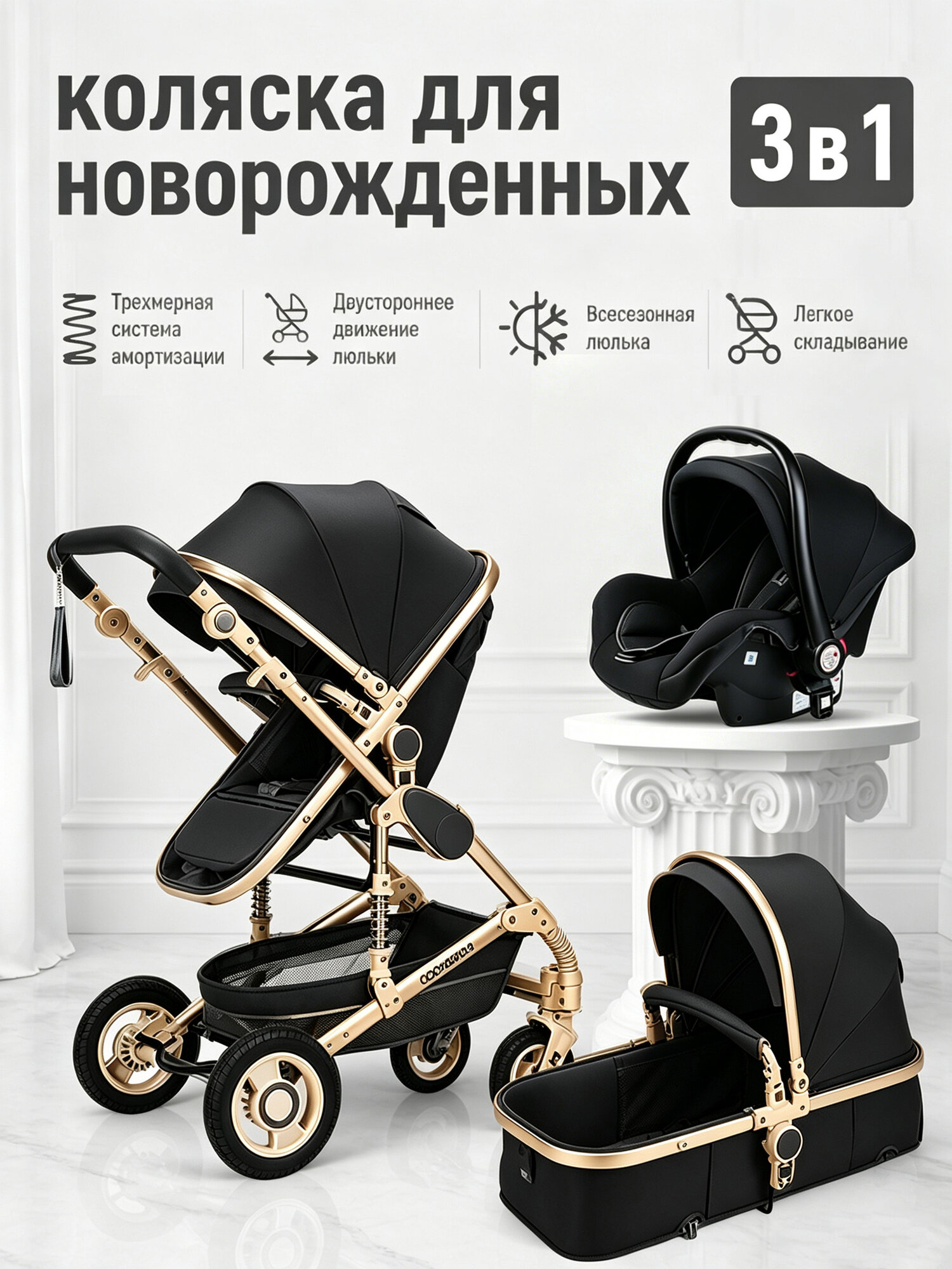 Универсальная коляска 3 в 1 с большими колесами и двойной защитой для новорожденных, легкий механизм складывания, 5 уровней наклона, идеальна прогулок с малышом!