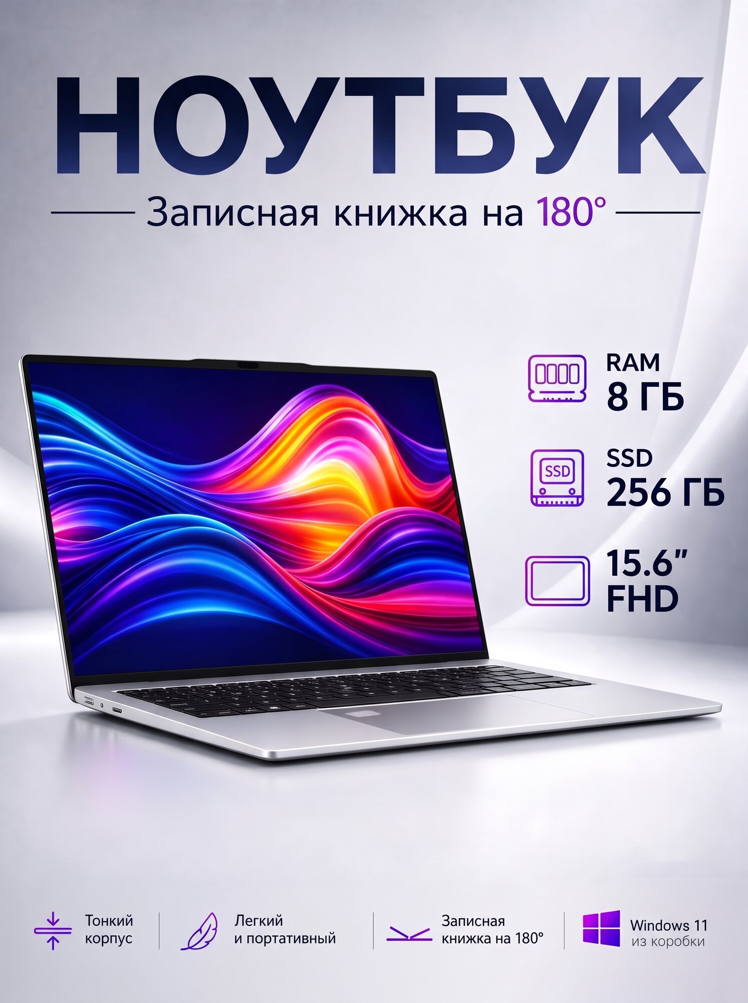 Ноутбук для работы, Intel Core i3-6006U, 8/256 ГБ SSD, IPS 1920Х1080, Windows Pro