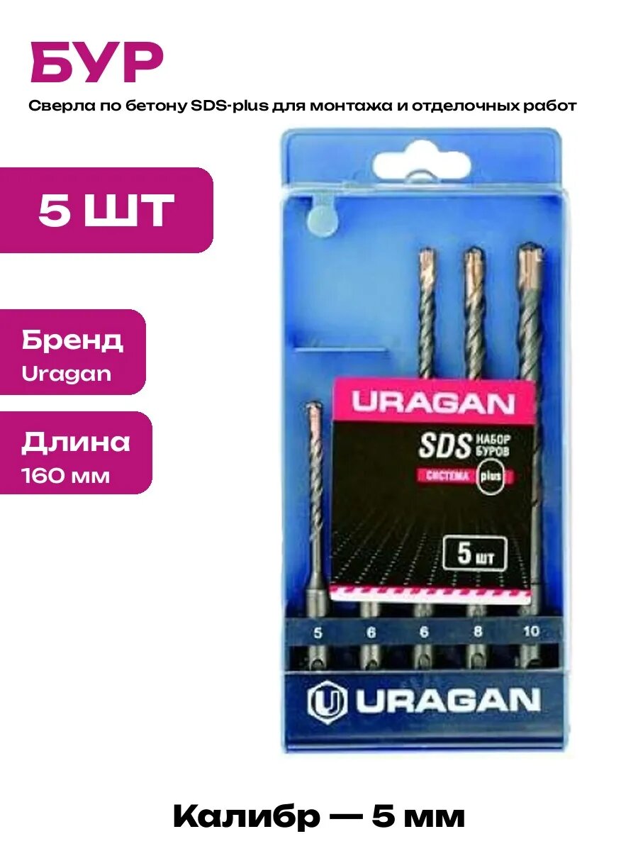 Спиральные буры по бетону SDS plus набор 5 штук 160 мм
