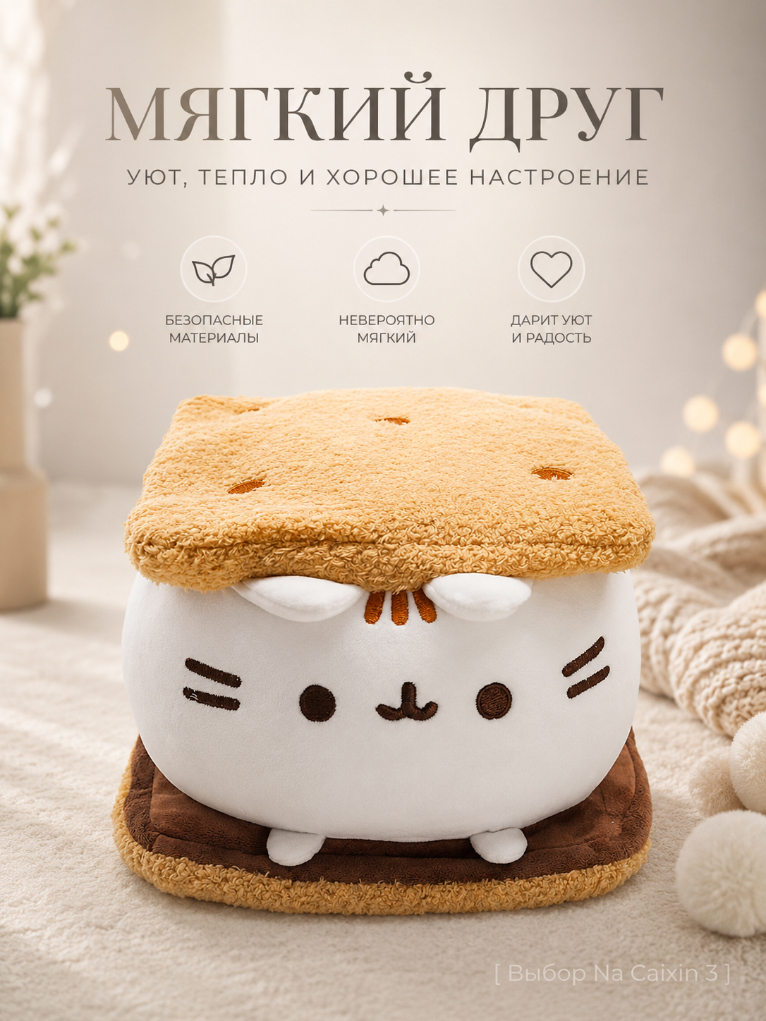 Мягкая игрушка Пушин "Пломбирный Сэндвич" (Pusheen), бежевая, 15см