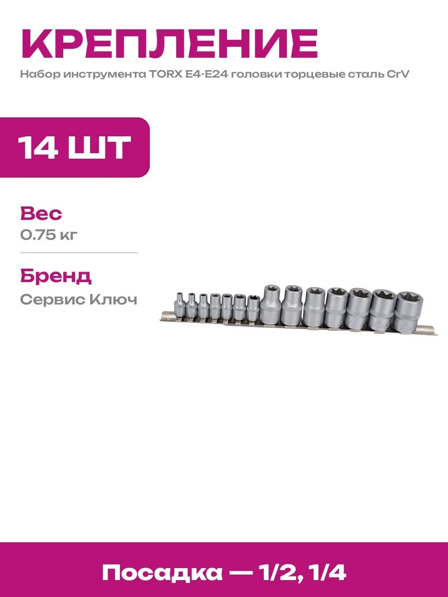 Набор головок TORX Е4-Е24 торцевые сталь CrV квадрат 1/2 1/4