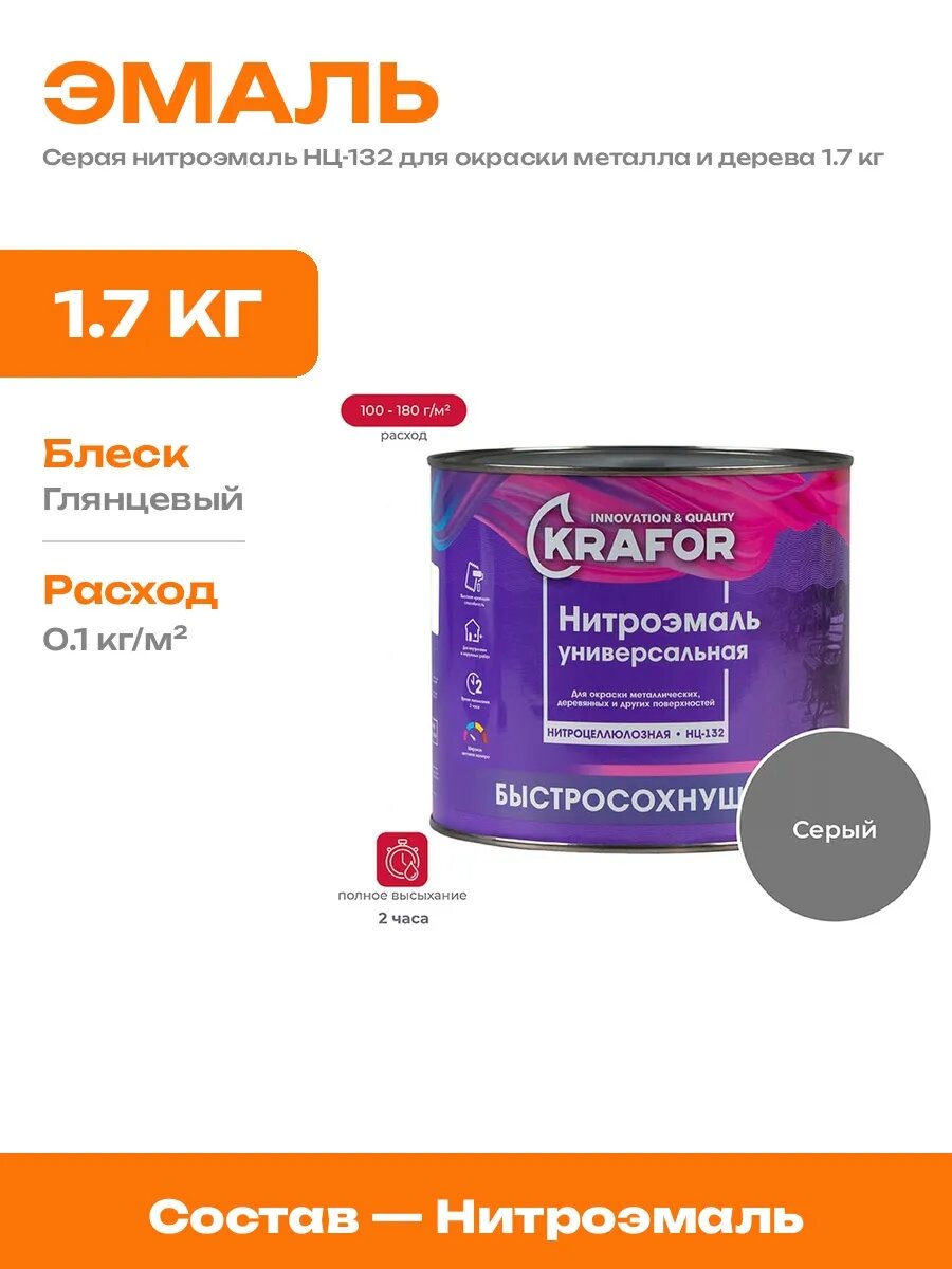 Эмаль НЦ-132 серая влагостойкая для дерева и металла 1.7 кг