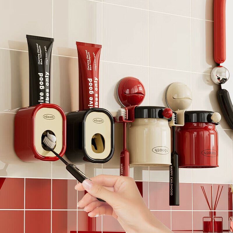 Noshi автоматический дозатор зубной пасты с держателем для щетки ванная полка Цвет：Красно-белый дозатор с двойной