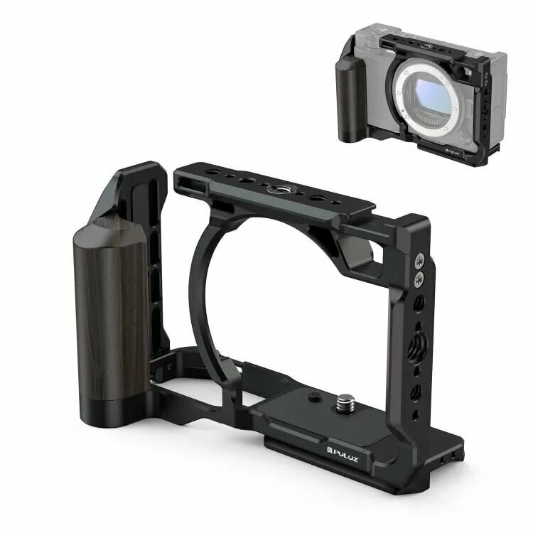 Металлическая рамка для камеры Nikon ZR PULUZ с деревянной ручкой (черная)