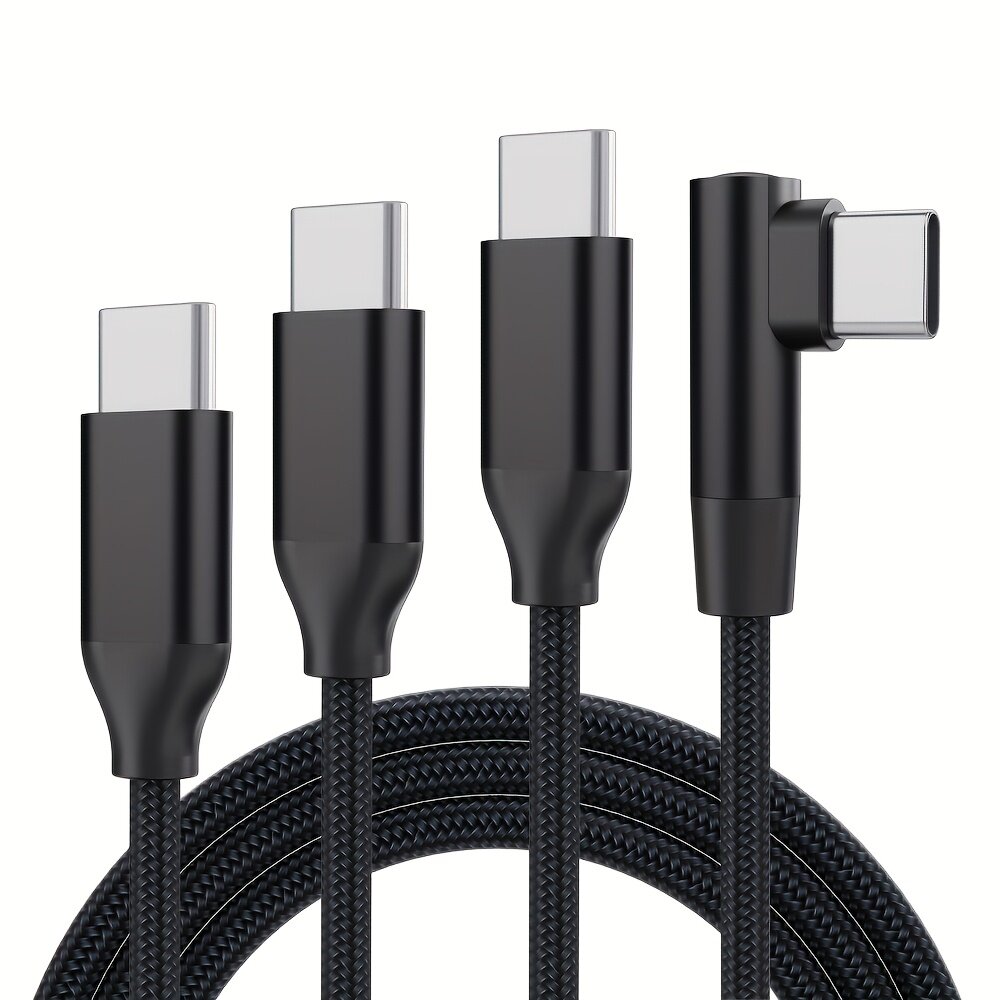 Угловой 90° Type-C кабель быстрой зарядки PD, USB C to USB C 3A, нейлоновая оплетка, 25 см, 3 шт, черный, для Samsung Galaxy S22/S21/S20/S10, MacBook, Pixel и других USB-C устройств
