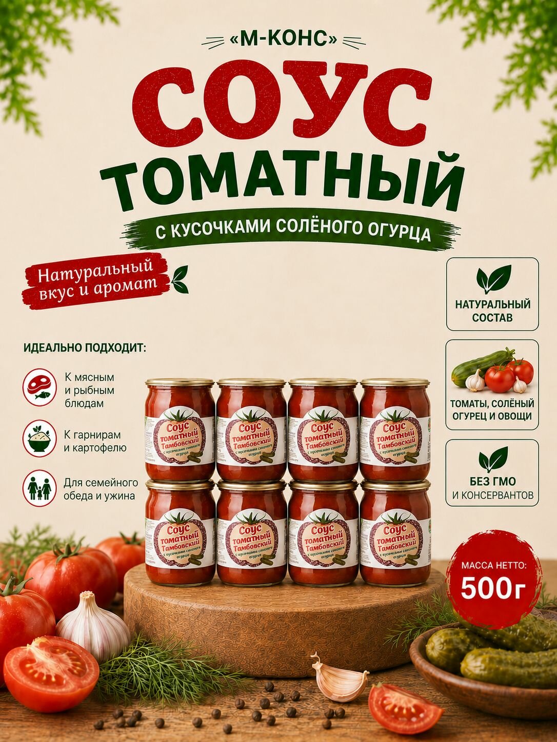 Соус томатный Тамбовский с кусочками соленого огурца, 8 шт. по 500 г