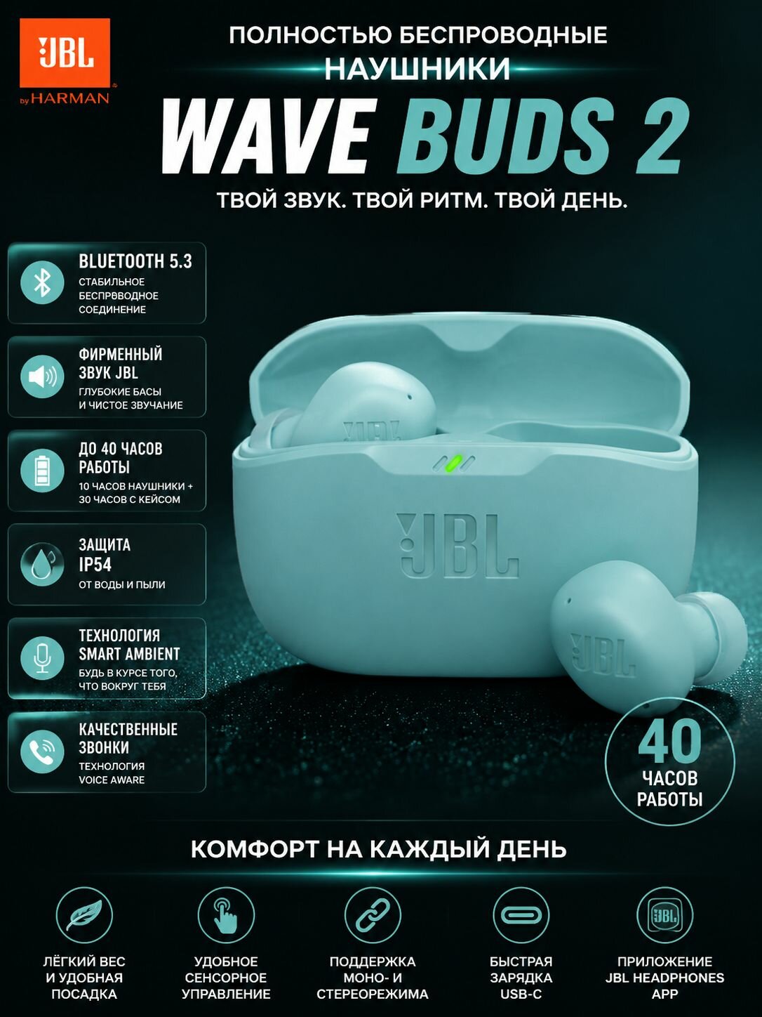 Беспроводная Bluetooth-гарнитура JBL WAVE BUDS2 синего цвета с активным шумоподавлением