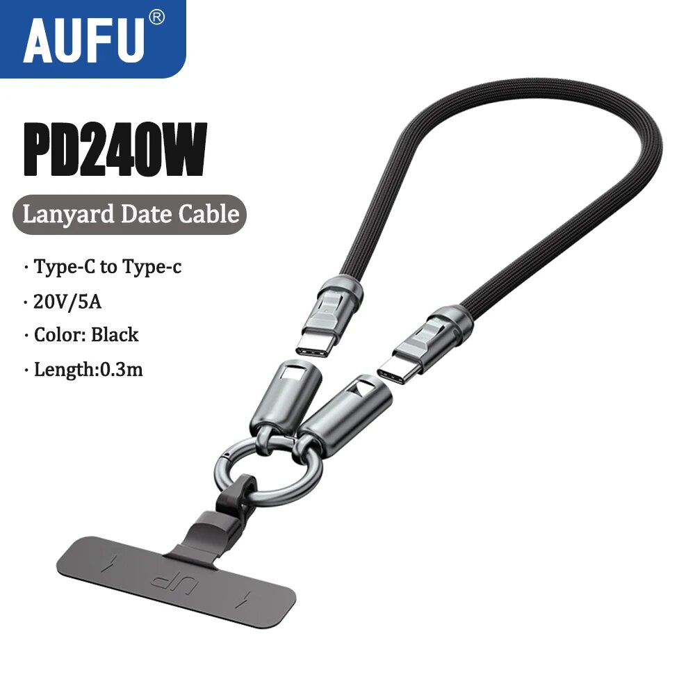 AUFU 2 в 1 240 Вт USB Type C Ремешок для передачи данных 5A PD3.1 Быстрая зарядка для Черный, Black