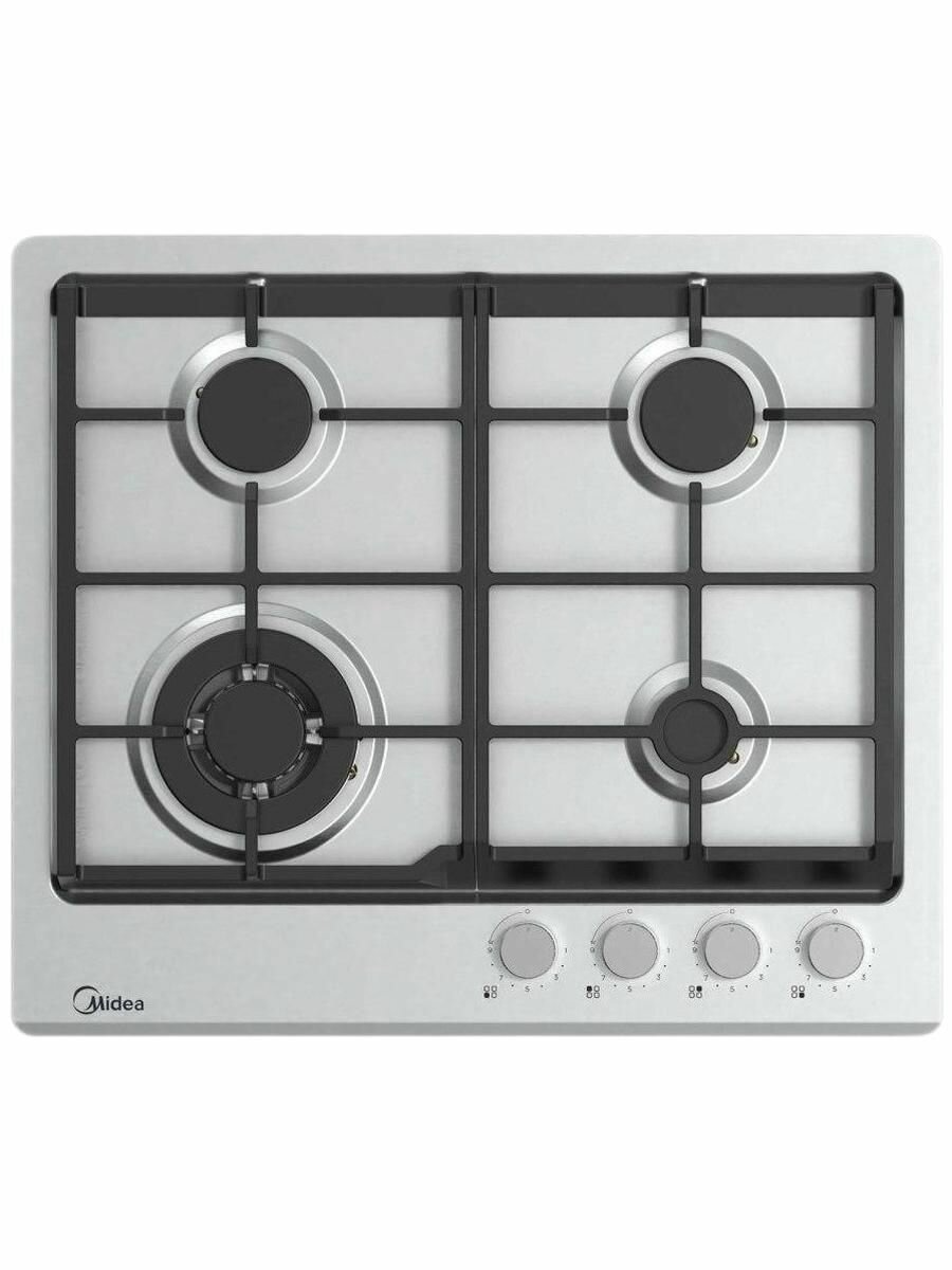 Газовая варочная панель MIDEA MG693TX, 60 см, 4 конфорки, нержавеющая сталь, 8500 Вт, газ-контроль, электроподжиг, мощная WOK-конфорка, серебристая