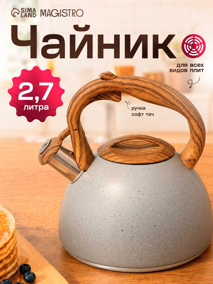 Чайник со свистком из нержавеющей стали Magistro Stone, 2,7 л, ручка soft-touch, индукция, цвет серый