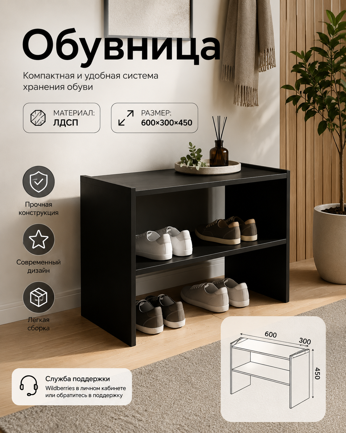 Обувница открытая напольная с полками в прихожую 60x30x45