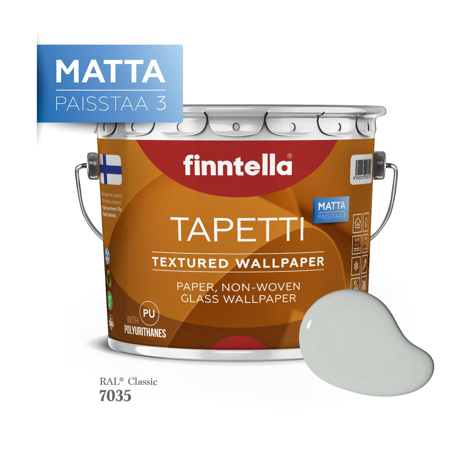 Матовая краска для обоев под окраску TAPETTI Matta FINNTELLA, Цвет RAL 7035 Светло-серый (Light grey), 2,7л