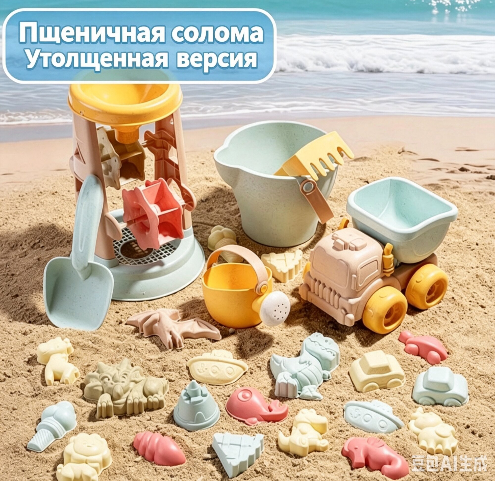 Большой набор пляжных игрушек 26 предметов из утолщенной соломы, увеличенное ведро, самосвал, формочки замков для песка