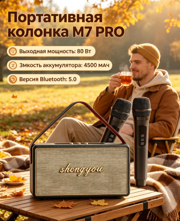 Колонка SHENGYOU M7 PRO 80 Вт, bluetooth динамик с двумя микрофонами