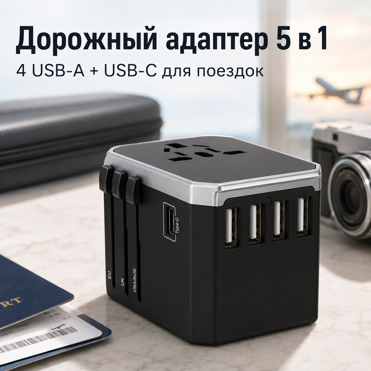 Универсальный дорожный адаптер с 4 USB-A и USB-C, вилки EU US UK AU, 5,6 А