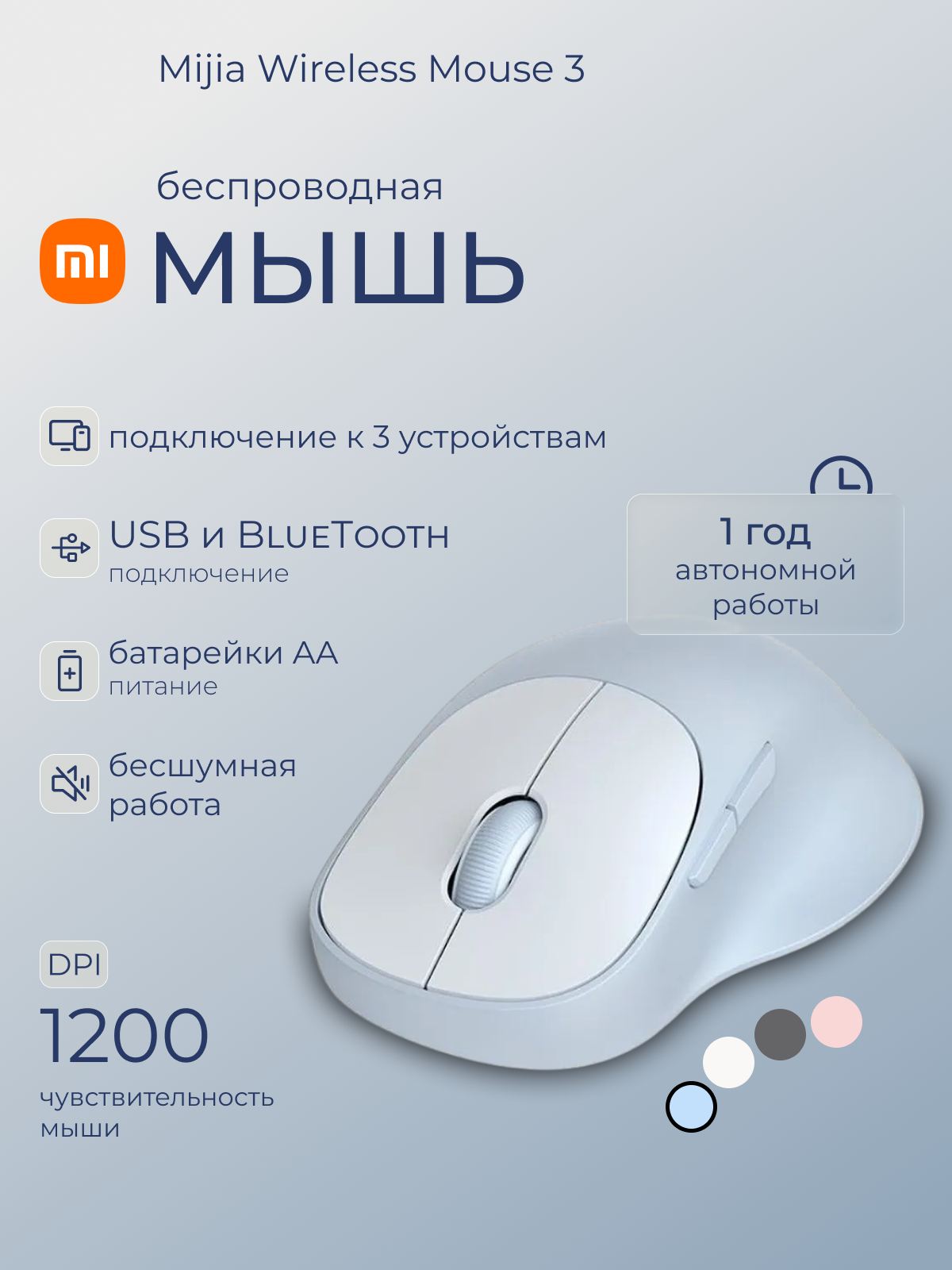 Беспроводная мышь Mijia Wireless Mouse 3 Colorful Comfort Edition (XMWXSB03EYM) Blue