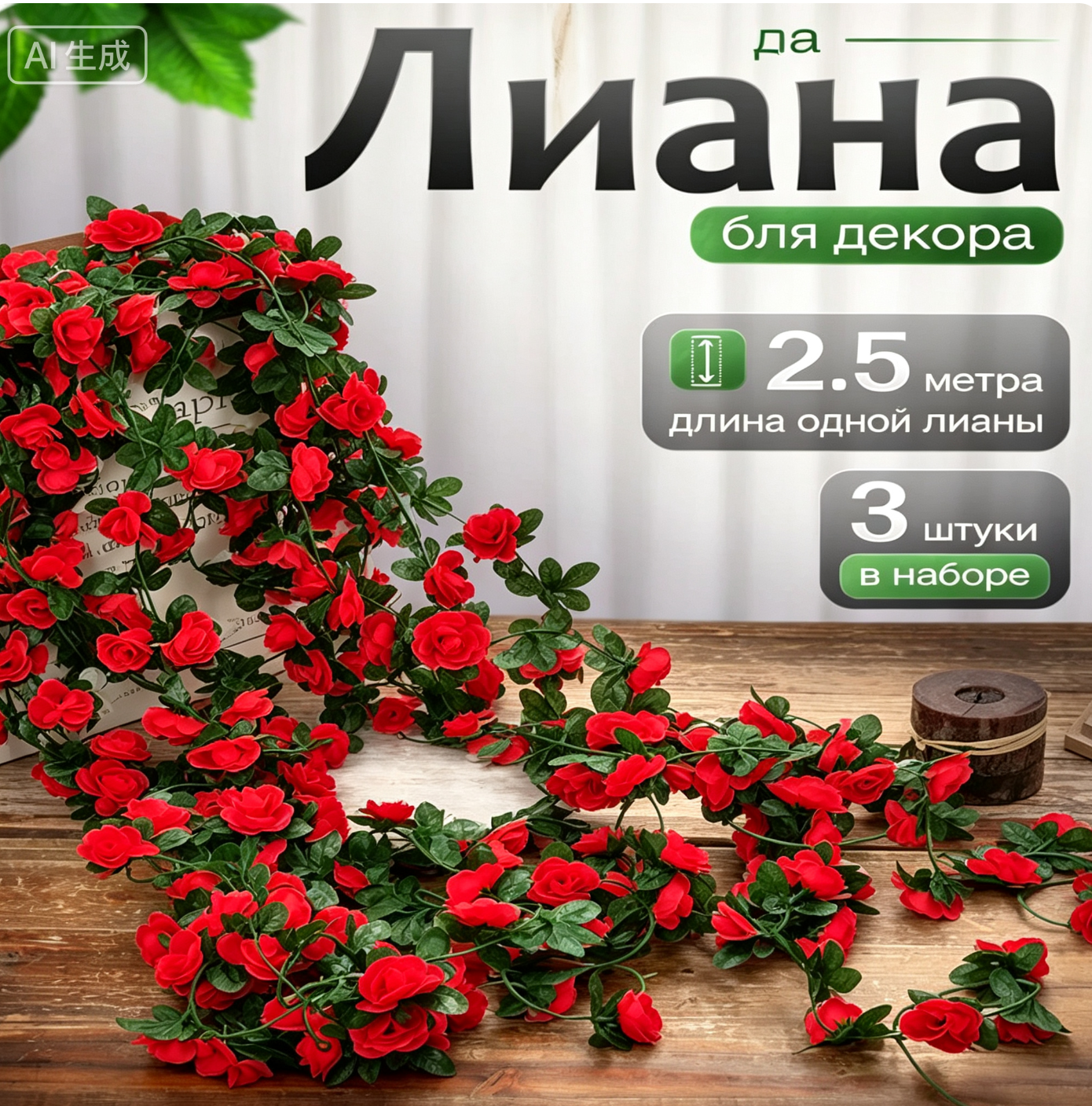 Красная цветочная гирлянда из искусственных роз, набор 3 шт, декоративная лоза для праздничного оформления