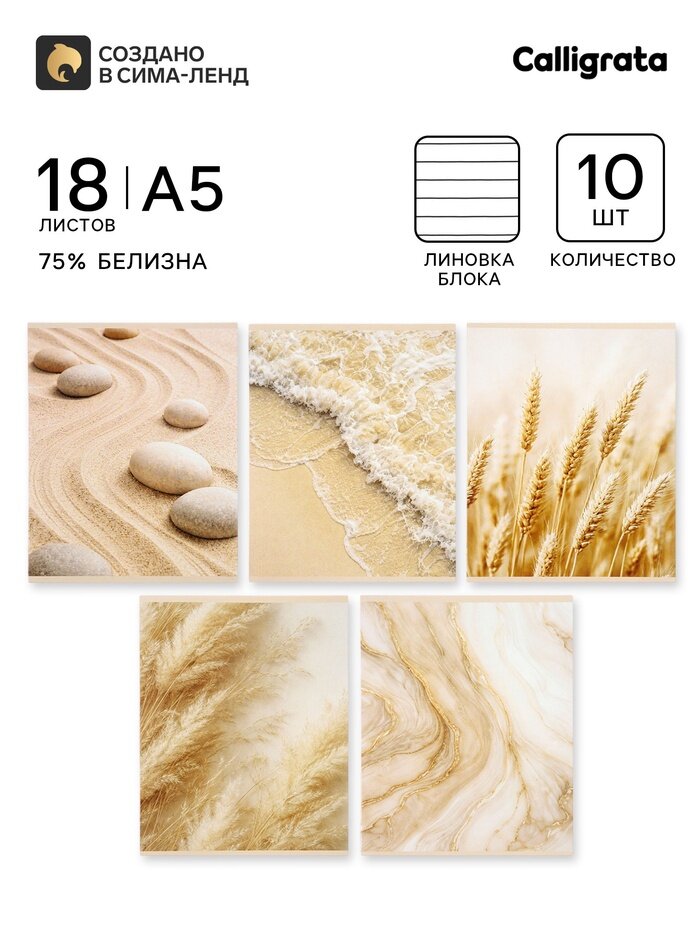Calligrata Тетрадь 10 штук, 18 листов в линейку Calligrata «Бежевая серия», серые листы, блок №2, 5 видов