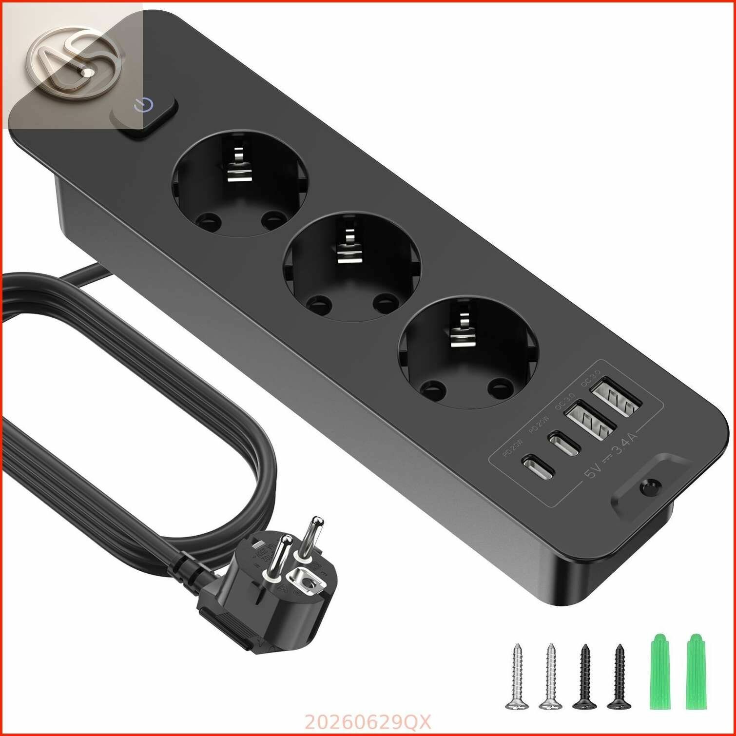 HITRENDS Розетка настенная евростандарт 3 отверстия с USB (2USB+2Type-C, 20W) и выключателем, встраиваемая электрическая розетка с кабелем 2м (ПВС 2x1.5), черная