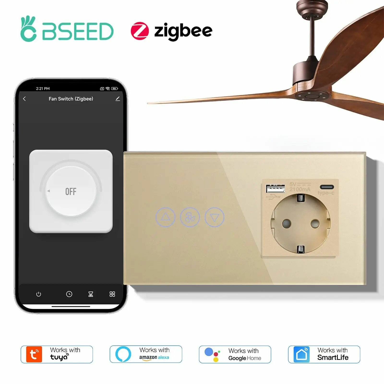 Регулятор скорости вентилятора с розеткой с USB и TYPE-C ZIGBEE 300W