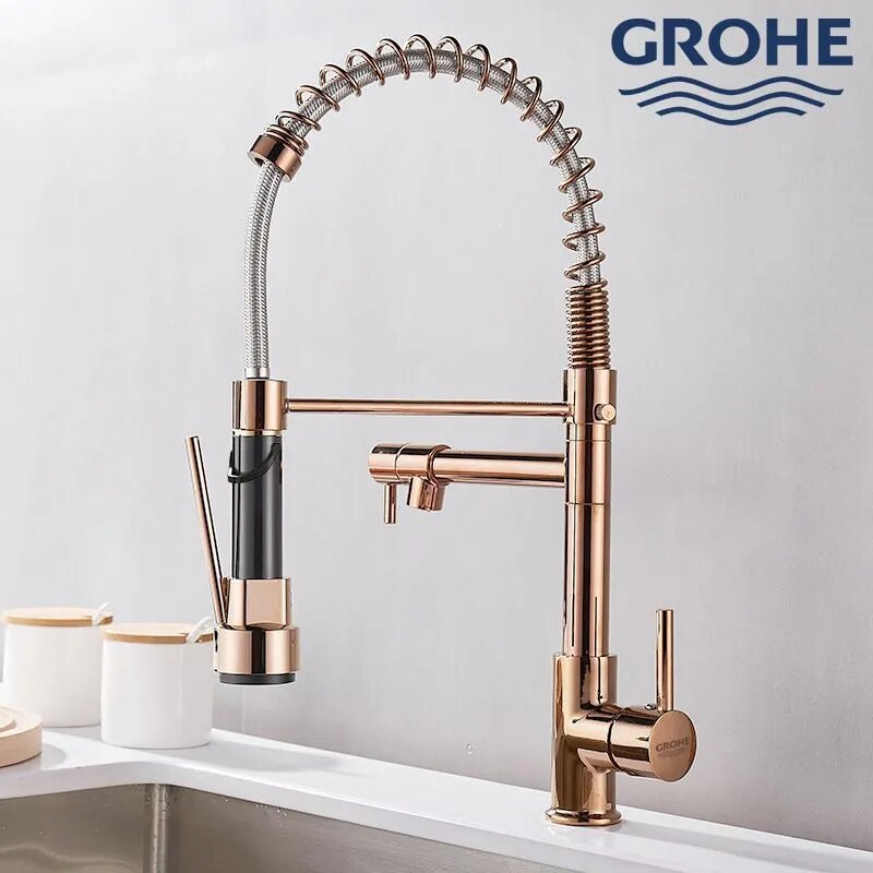 GROHE кухонный выдвижной пружинный смеситель для горячей и холодной воды, многофункциональный, два режима, розовое золото