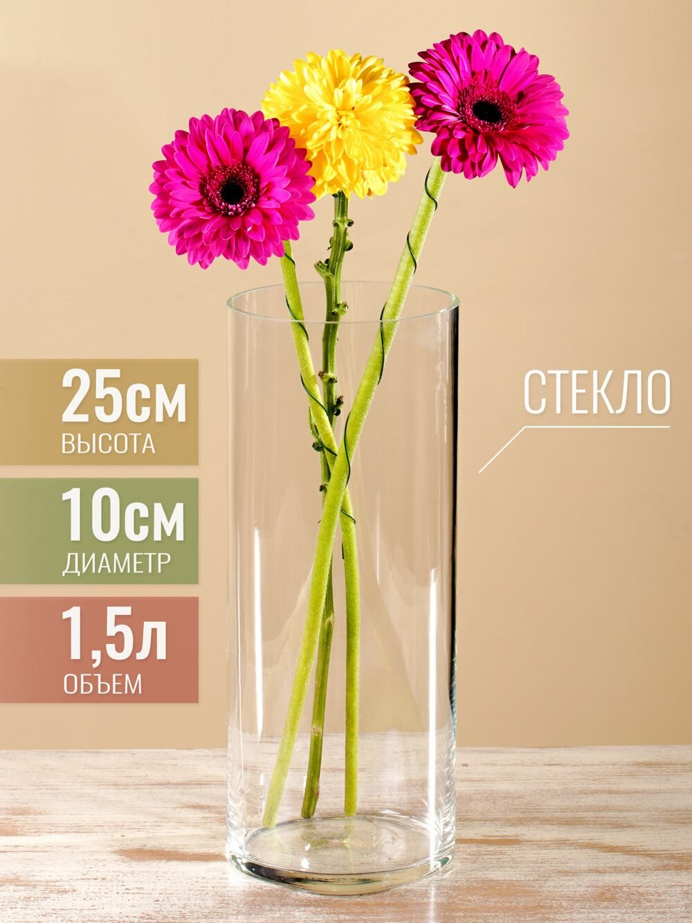 Ваза для цветов стеклянная прозрачная 25 см