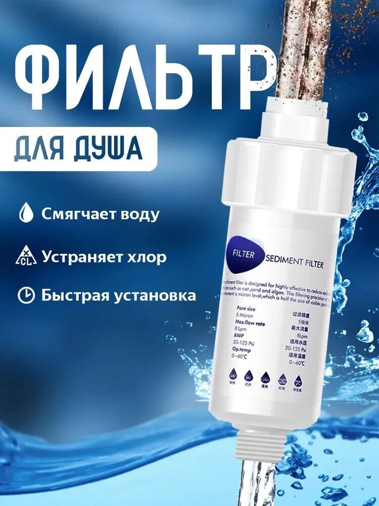 Фильтр для душа от жёсткости воды и хлора Умягчает воду, удаляет хлор, защищает кожу и волосы Сменный картридж для душевой лейки