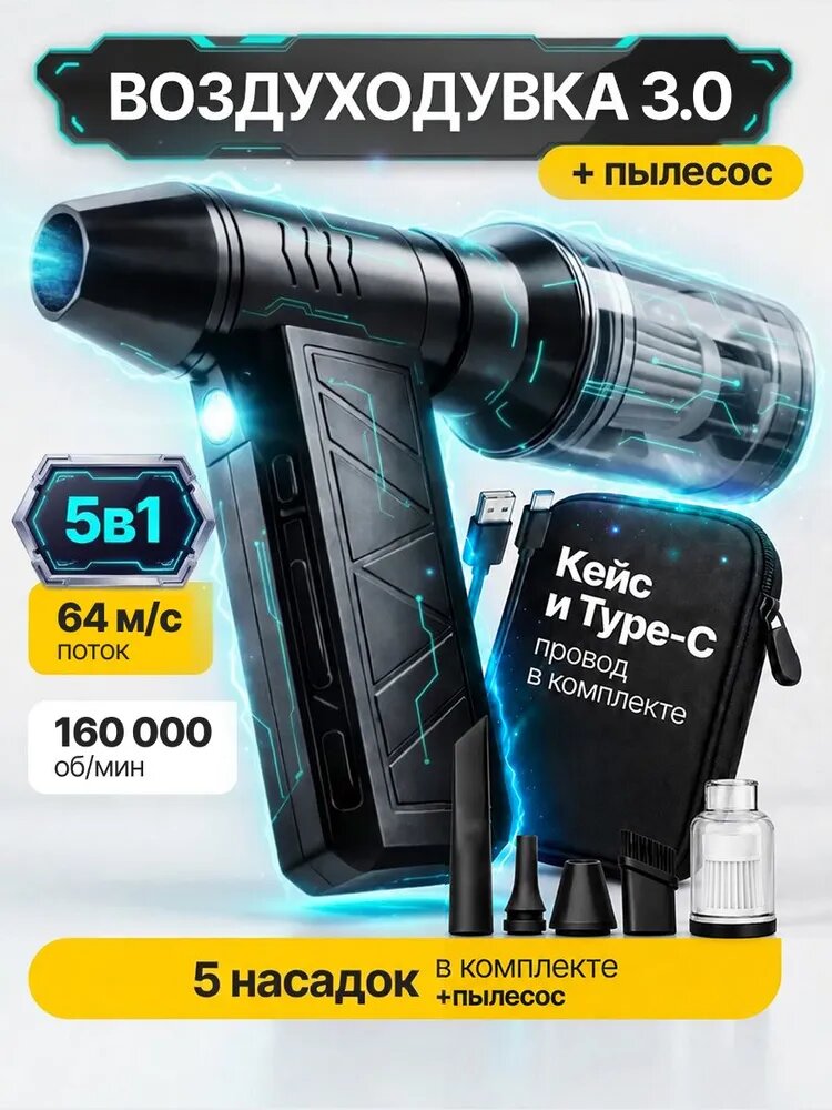 TECHFORT 5в1 Воздуходувка аккумуляторная мощная, ручной пылесос TURBO 160, 6000 мАч, 5 насадок, 4 режима, c защитным кейсом и TYPE-C