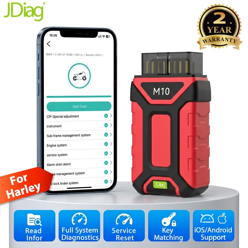 Диагностический сканер Jdiag M10 Bluetooth OBD2 для мотоциклов: чтение и сброс кодов неисправностей, сброс сервисных функций TPS, кодирование ABS, сброс холостого хода для BMW.
