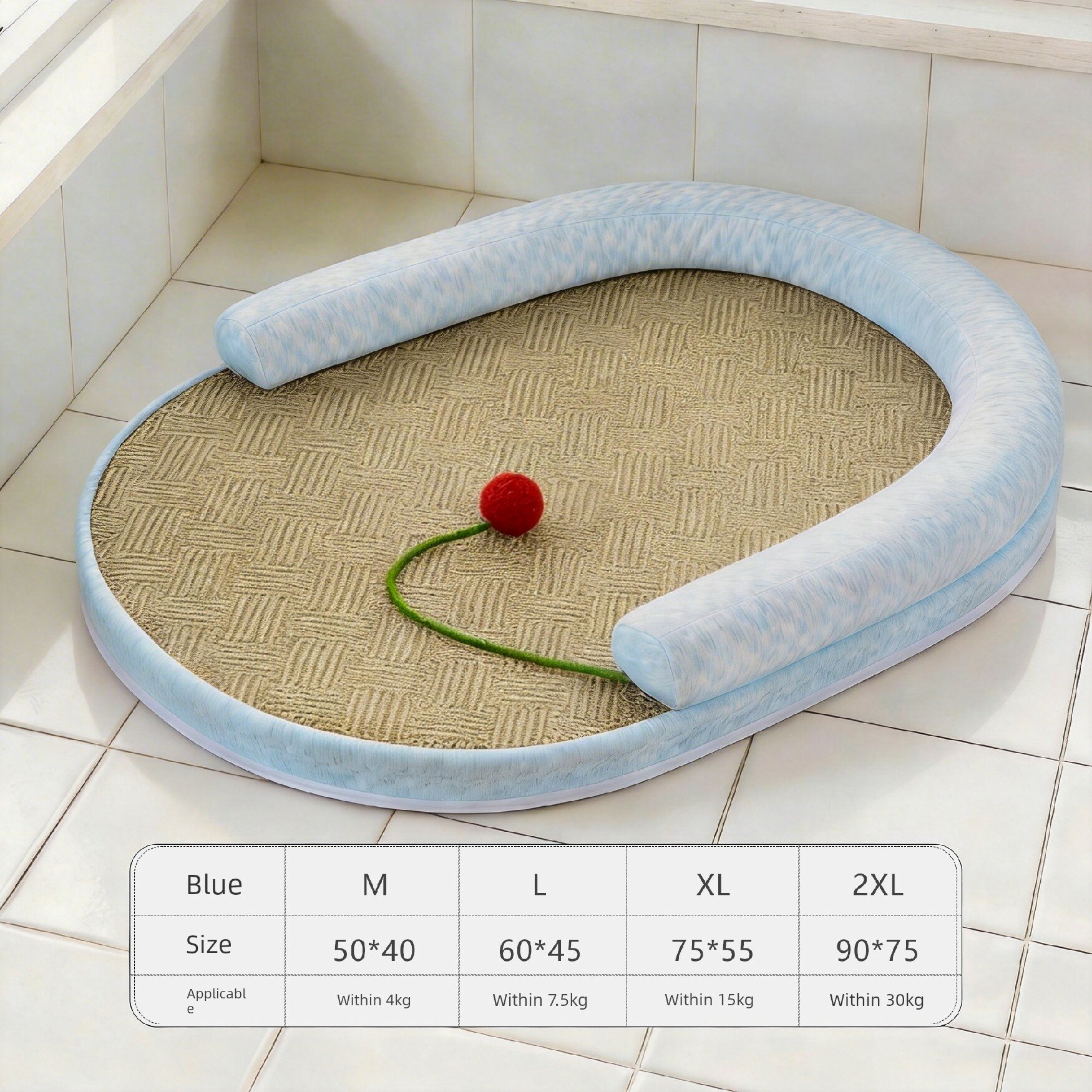 Ice Bean Rattan Fabric Cooling Mat with Jute Ball - Ocean Blue M 50x40cm (Pets up to 4kg)