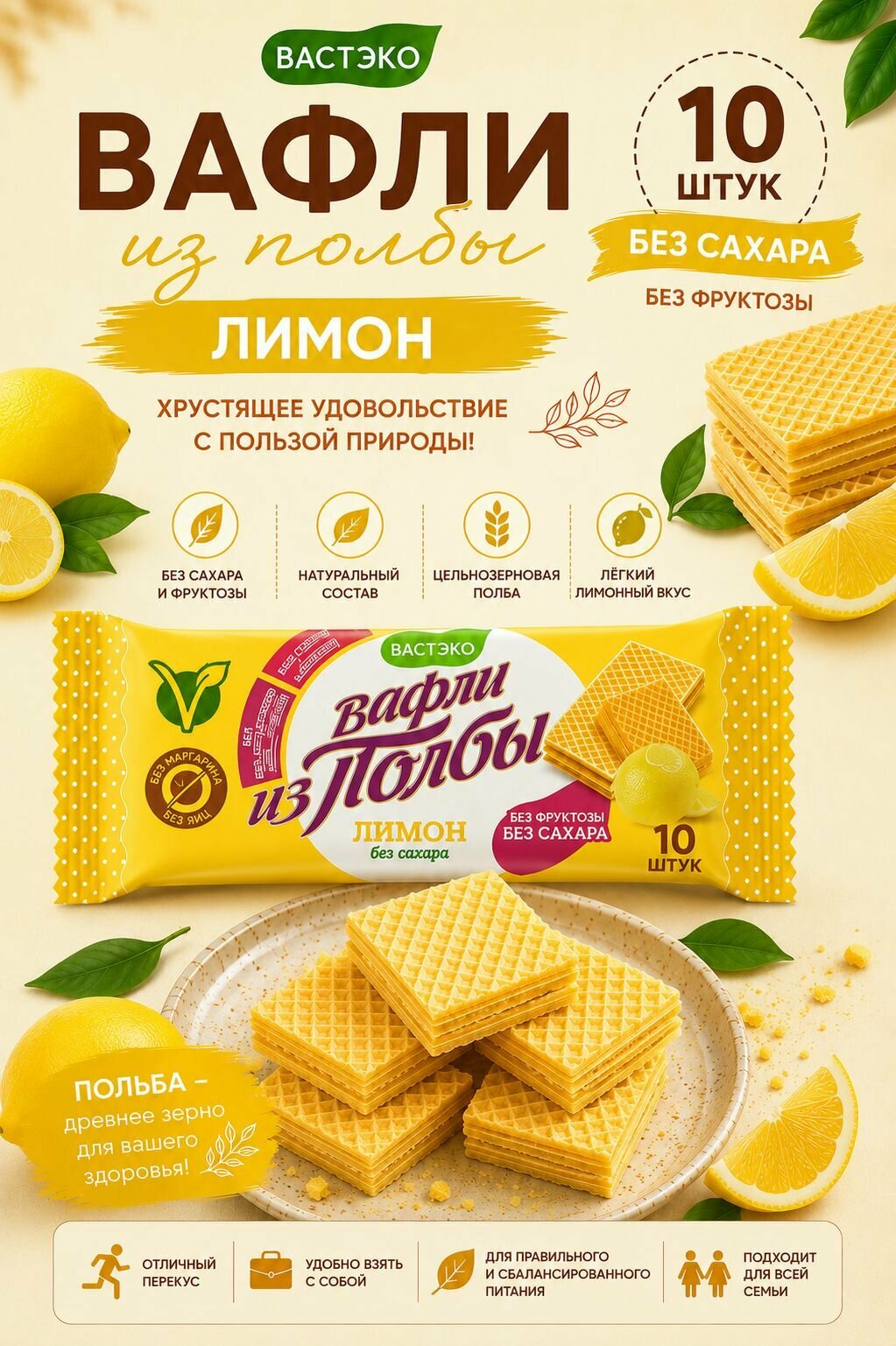 Вафли из полбы. Лимон. Без Сахара. 10 шт по 15 г. Вастэко