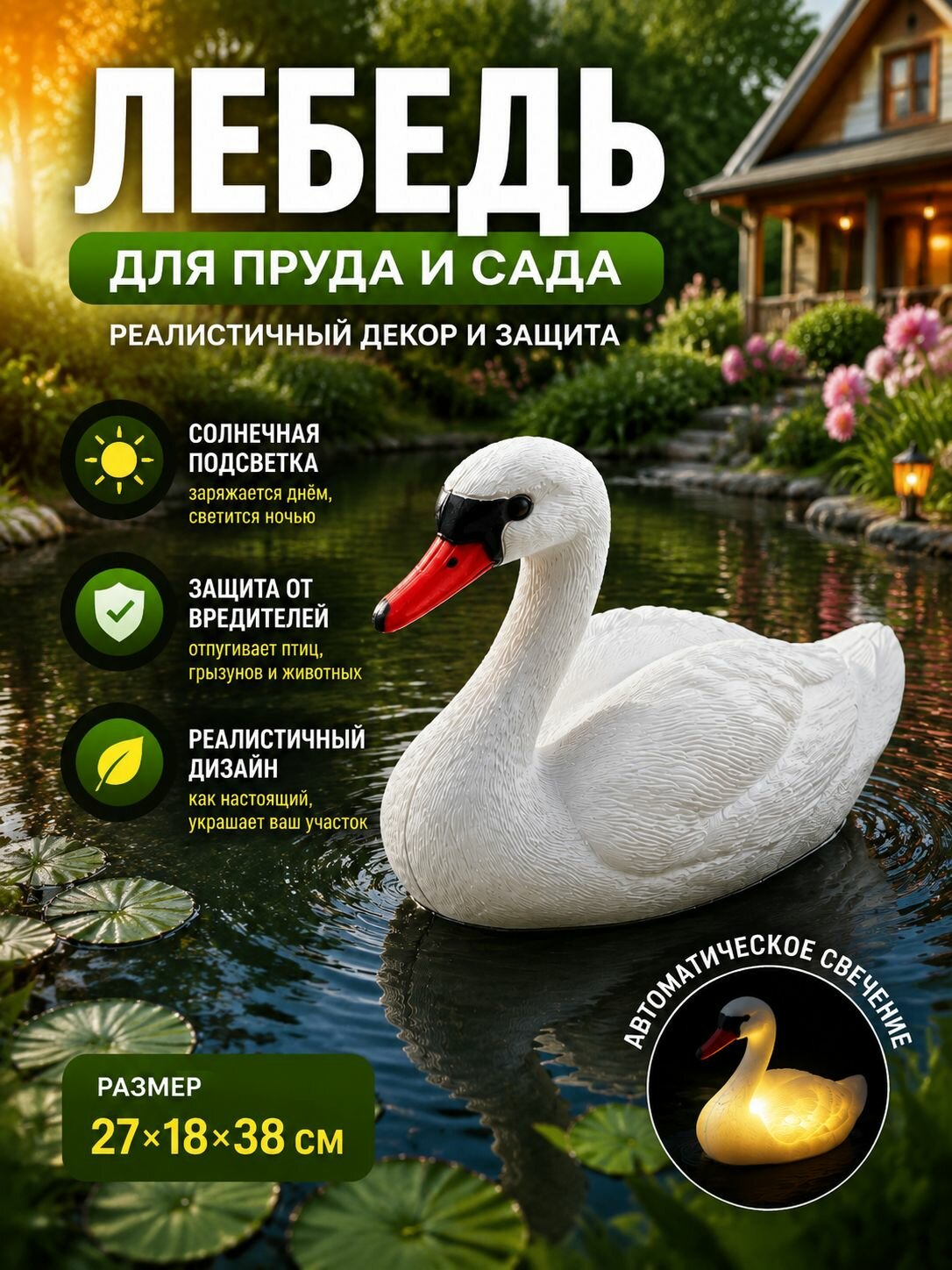Лебедь для пруда садовый декоративный 38 см, солнечная подсветка садовая фигура светильник на солнечной батарее