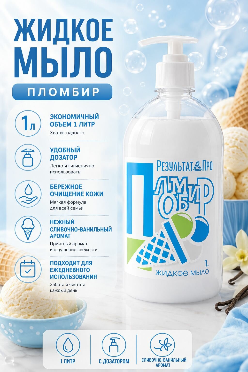 Жидкое мыло Пломбир 1 л с дозатором