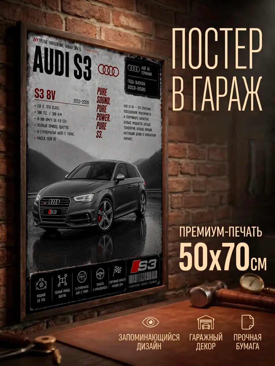 Постер на стену большой 50*70 без рамки авто Ауди S3 8V