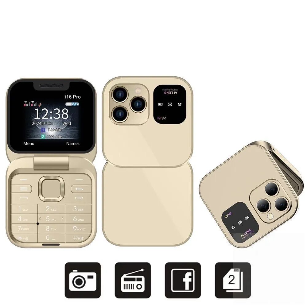Мобильный телефон i16 Pro золотой раскладушка, 1.77 дюйма, FM-радио, 2 SIM, microUSB, microSD