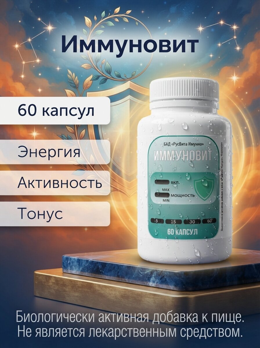БАД Русвита Иммуно, Капсулы для иммунитета Иммуновит, натуральный состав, банка 60 капсул