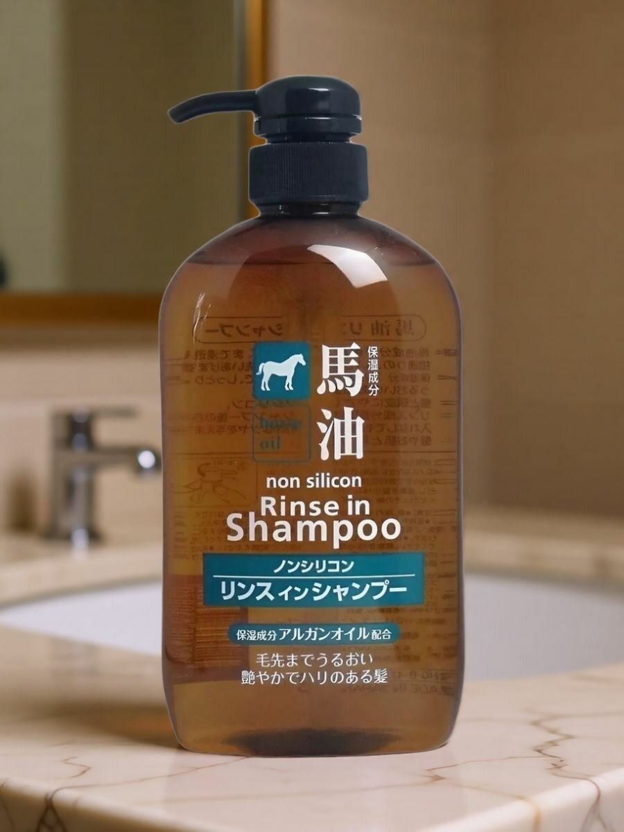 KUMANO CosmeStation Rinse in Shampoo Шампунь-кондиционер 2в1 бессиликоновый с лошадиным маслом для поврежденных и ломких волос 600 мл. Япония.