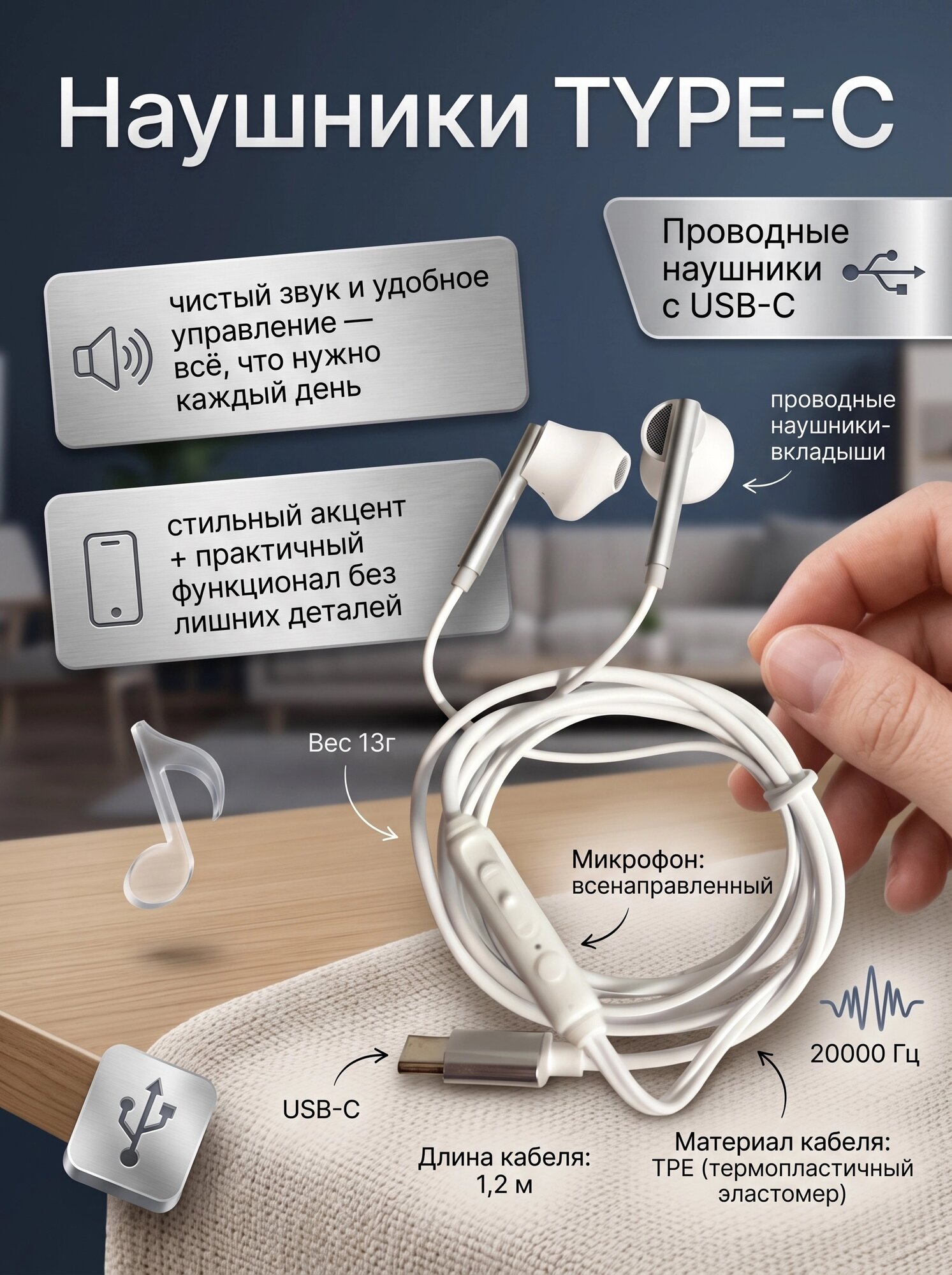 Наушники проводные, наушники, XO EP66, белые, проводные, USB‑C, вкладыши, с микрофоном и пультом управления.