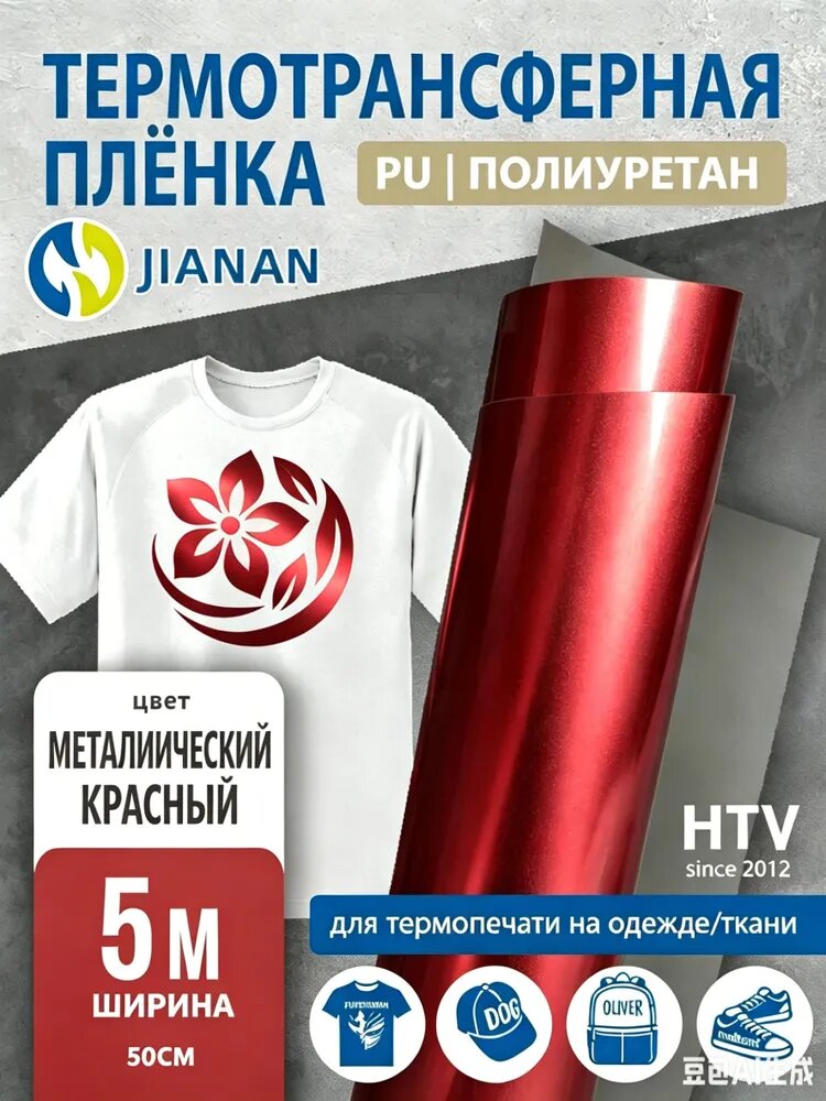Термотрансферная пленка Красная металлик HTV PU полиуретан JIANAN 50см5м для нанесения на ткань