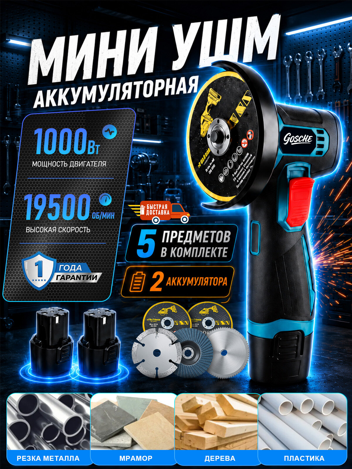 Мини болгарка аккумуляторная, мини УШМ 76 мм, 12 В 19500 об/мин, 2 АКБ, 5 дисков/ Болгарка маленькая аккумуляторная