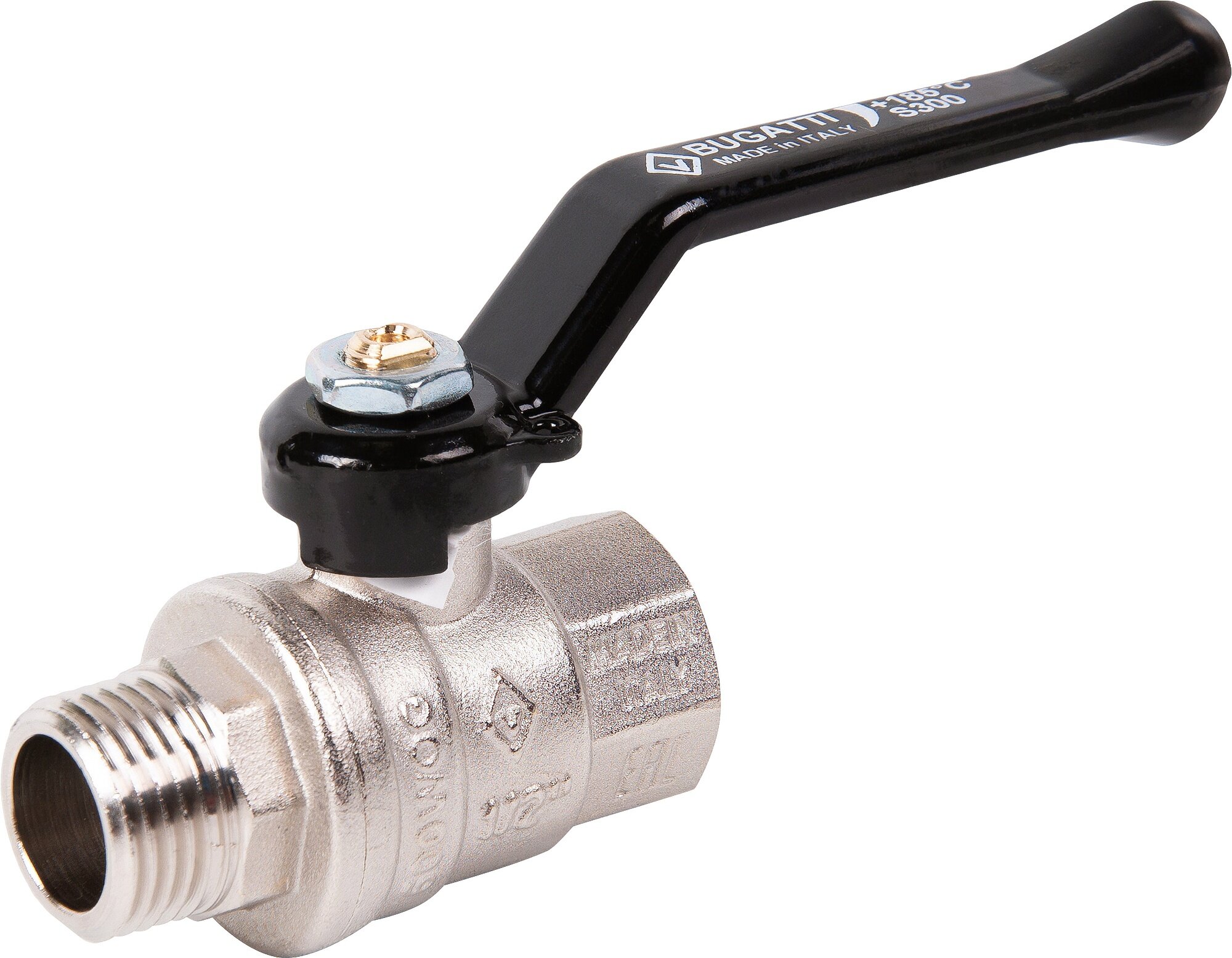 Кран шаровой прямой Bugatti Oregon 03050214 DN15 PN64 1/2" ВР/НР ручка рычаг латунь